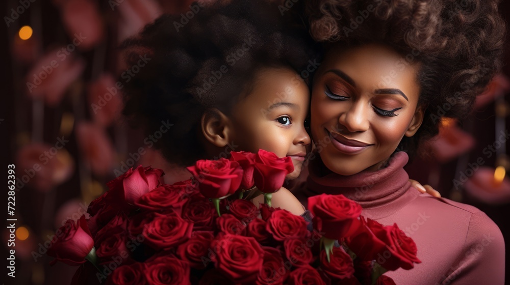 Beautiful black woman with red roses hugging her daughter. Mother's Day ...
