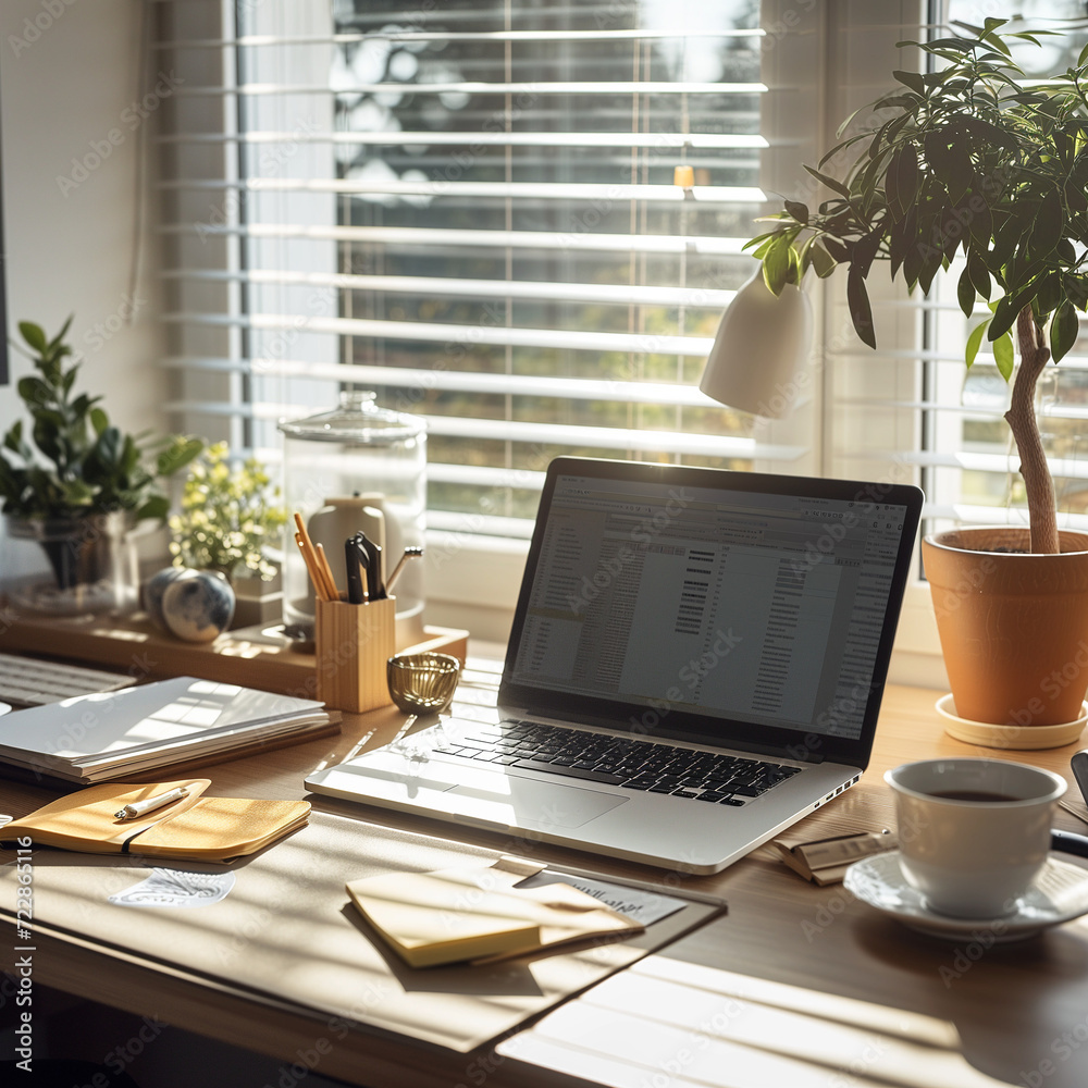 office desk with laptop,Laptop, Coffee, Notebooks on a Porch Amidst ...