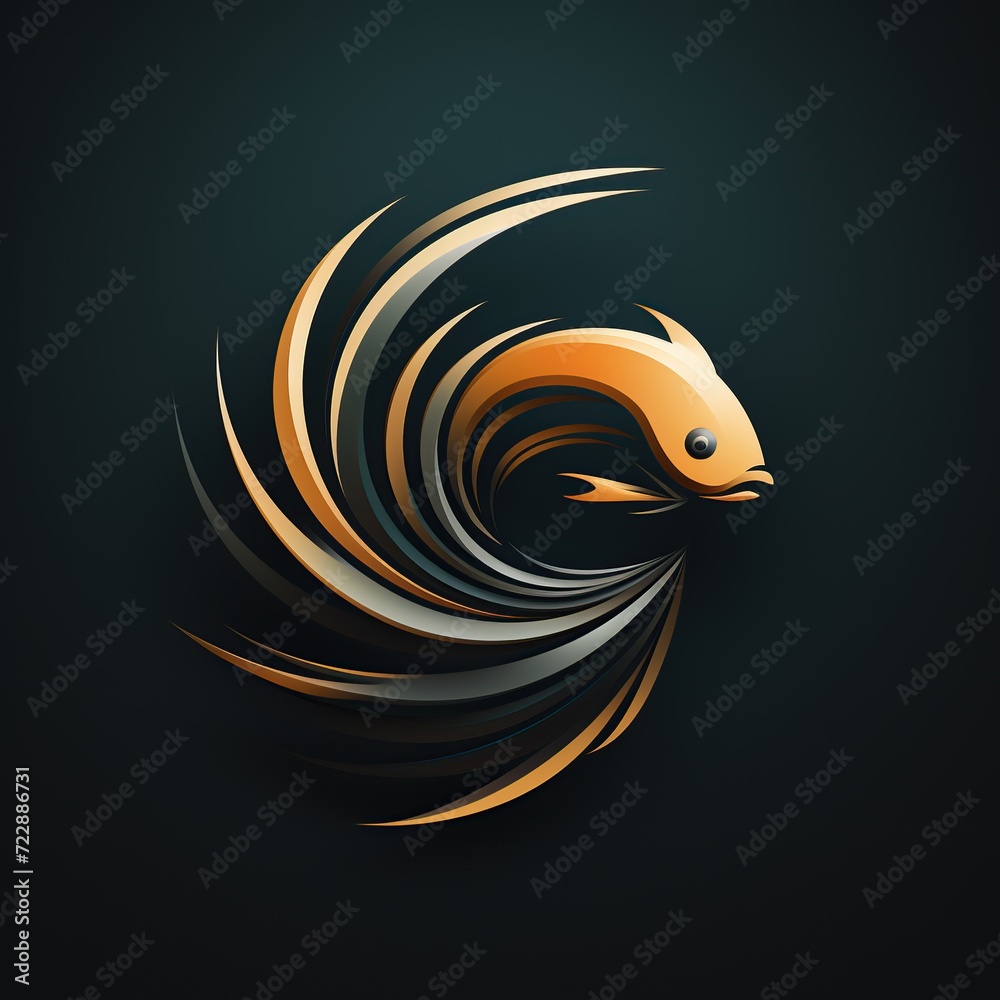 minimalistic round logo emblem with a fish on a black background ...