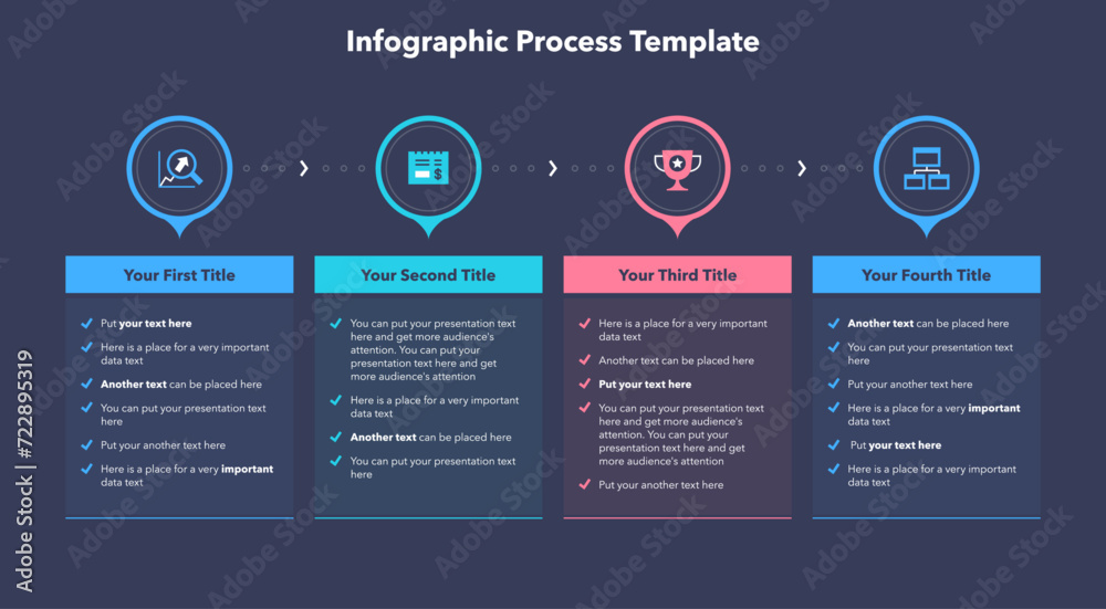 Infographic process template with four steps - dark version. SImple chart design for workflow ...