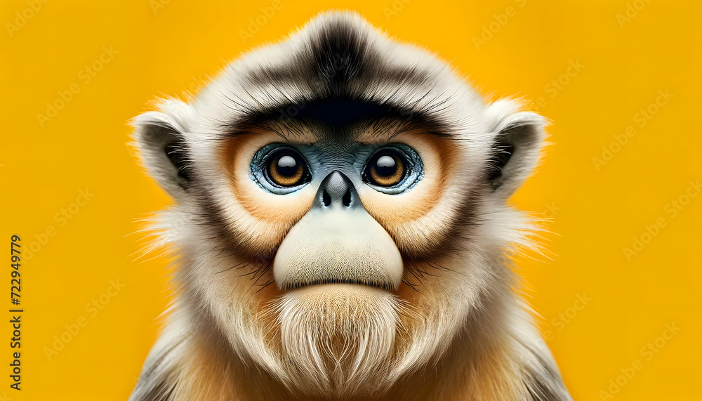 A close-up front view of a Tonkin snub-nosed monkey (Rhinopithecus ...