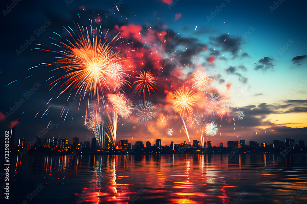 Light fireworks Riverside in new year night celebration party at city ...