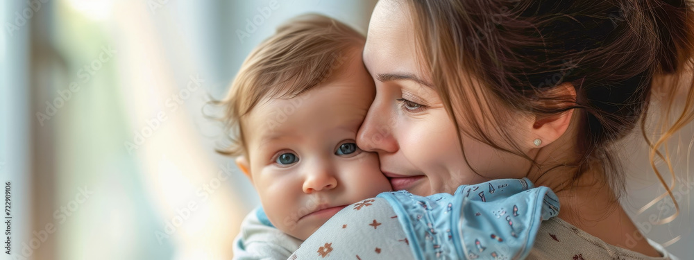 Serene moment of a mother hugging her baby with a soft gaze, depicting ...