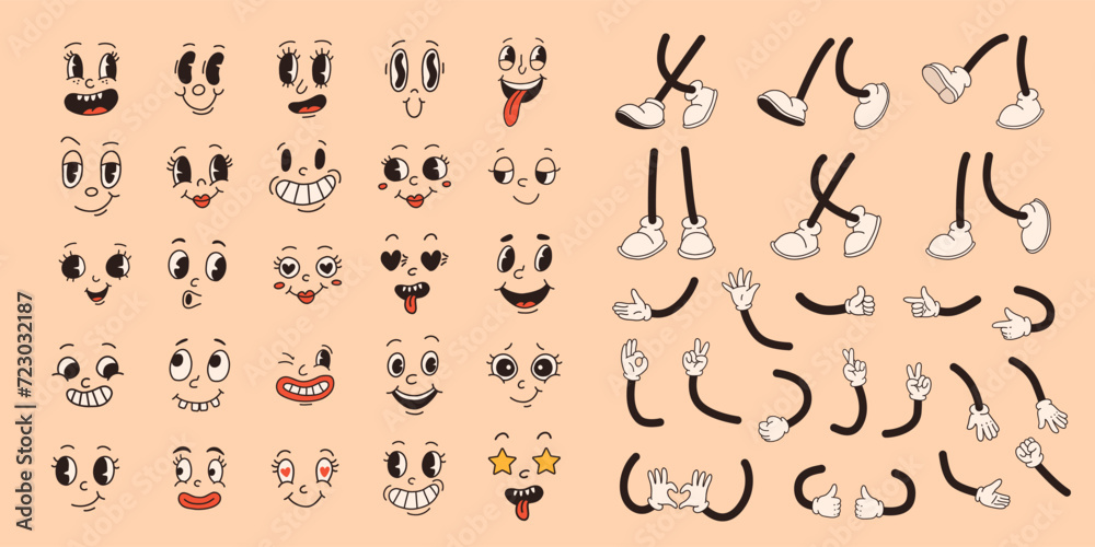 Set of 70s groovy comic faces vector. Collection of cartoon character ...