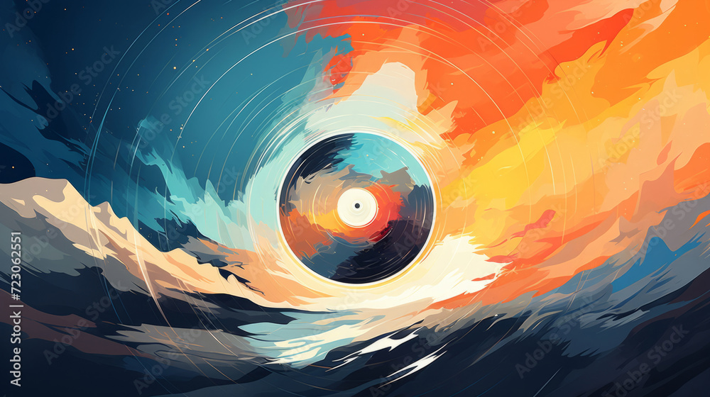Vinyl record, abstract art and vibrant colors in musical expression ...