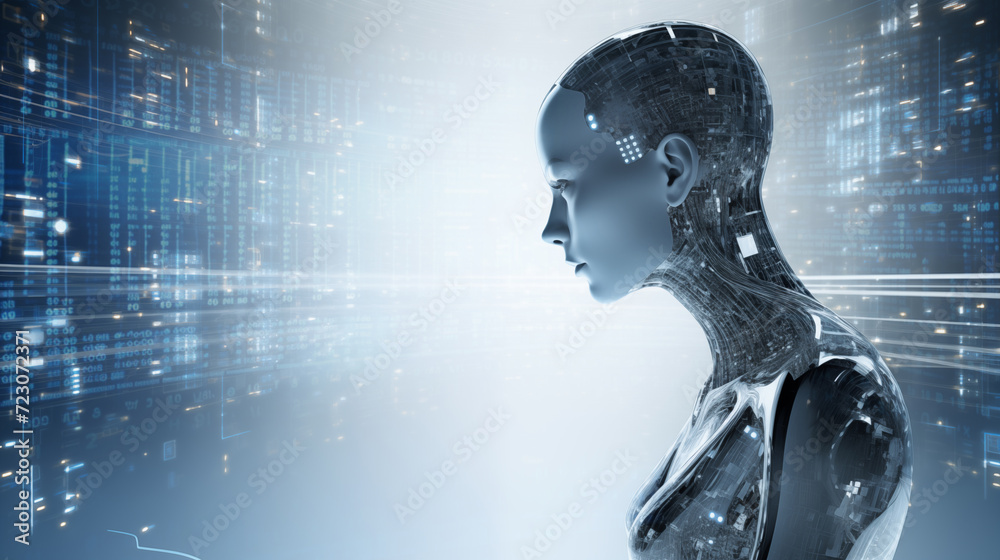 Cybergirl robotic humanoid side head view with many wires interlaced inside head with futuristic ...