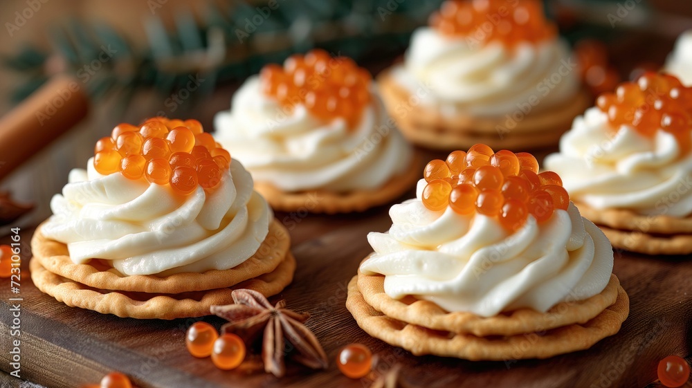 Snacks Cracker with Caviar texture on wooden background. Party food mix ...