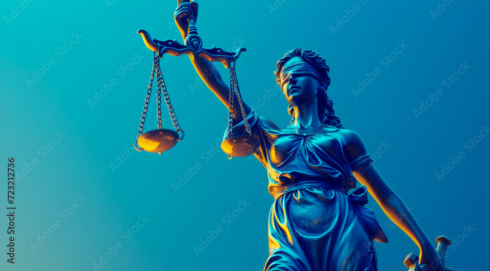 An imposing statue of Lady Justice, cast in a striking blue tone, holds ...
