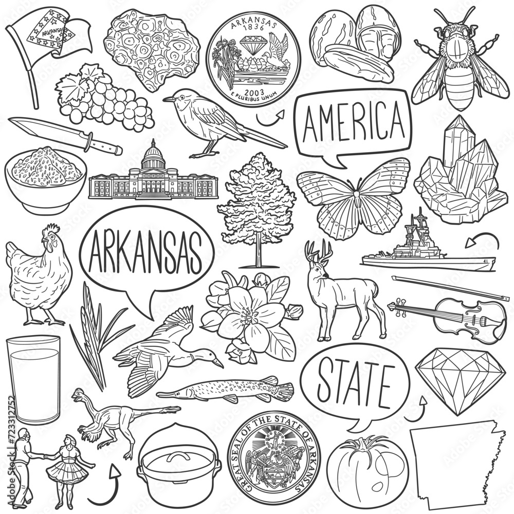 Arkansas State Doodle Icons Black and White Line Art. United States ...