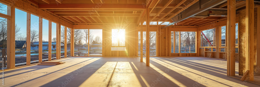 Sunlit empty new home construction interior, panoramic wooden frame ...