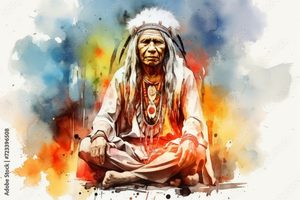 Watercolor of Indigenous elder in traditional attire performing ritual ...