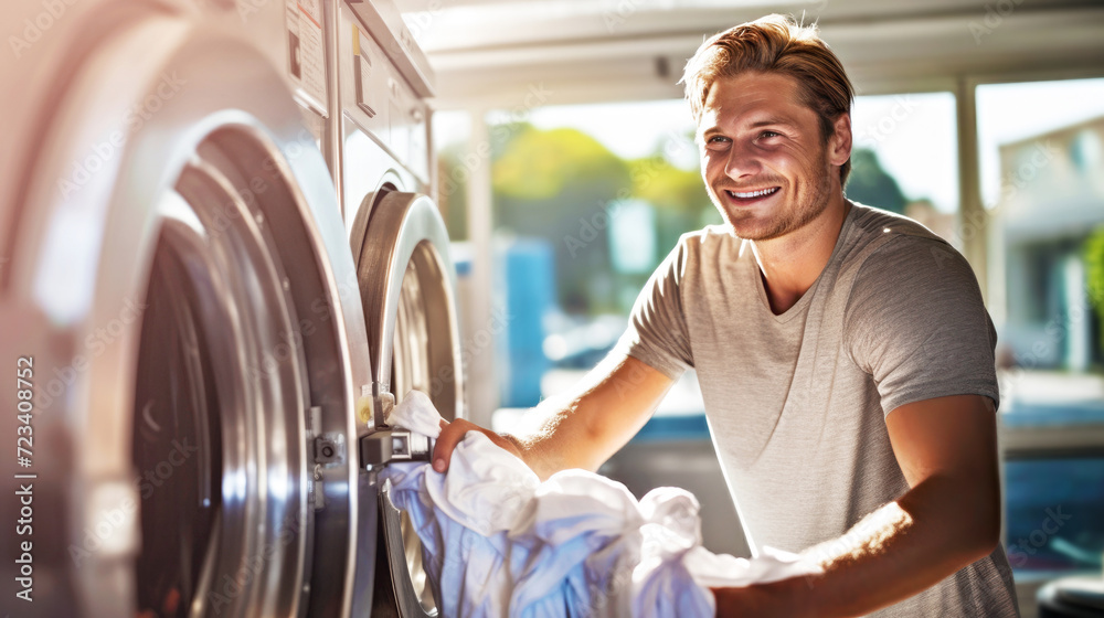 Joyful Young adult caucasian white man with blond hair smiling as he ...