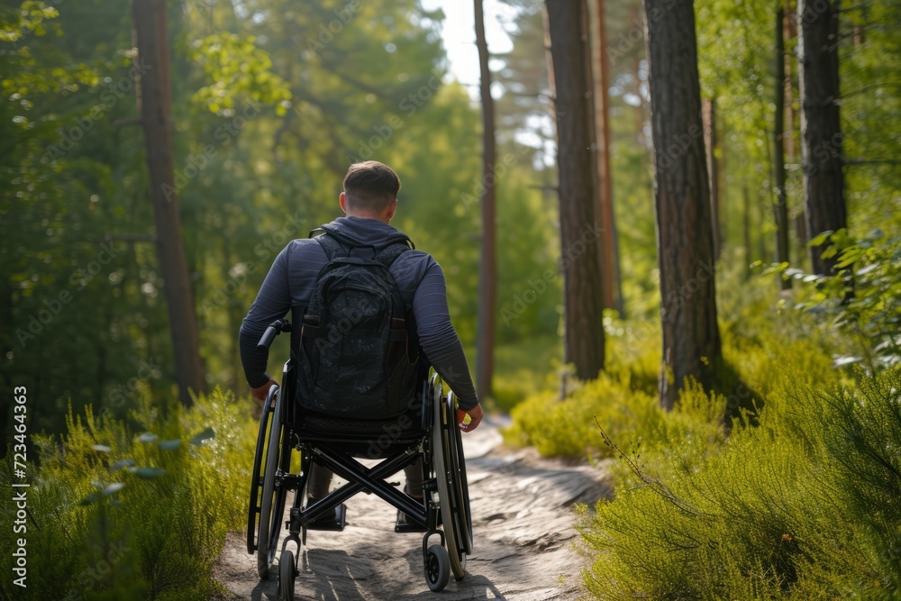Serene moment of a wheelchair user exploring nature on an all-terrain ...
