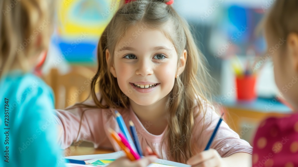 Happy little girl learning to draw with a colour pencil in an ...