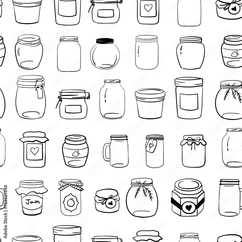 Seamless monochrome pattern with hand drawn mason jar. Jars with lid ...