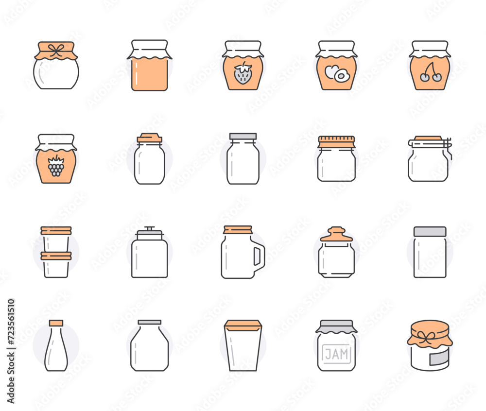 Image vectorielle Stock Bottle of jam flat line icons. Glass packaging ...