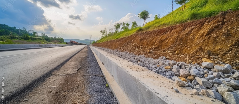 Stock-Foto „Ugly road indentation at the bridge's entrance. Retaining ...