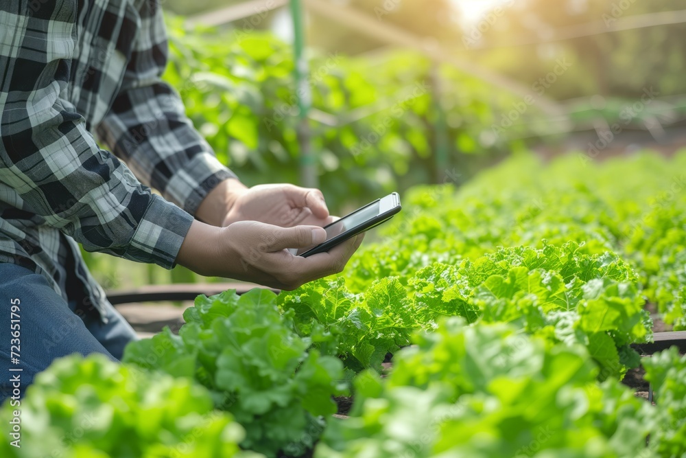 Smart farming concept, A farmer holding smartphone using management ...