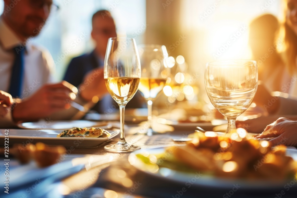 Diverse colleagues dinner meeting lunch in office restaurant ...