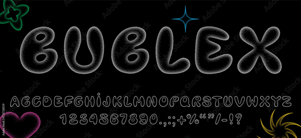 Y2K bubble pixel font. Balloon inflated letters and numbers of English ...