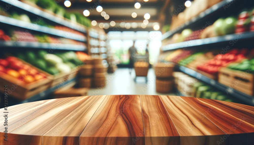 empty wooden table with blur beautiful grocery store background Stock ...