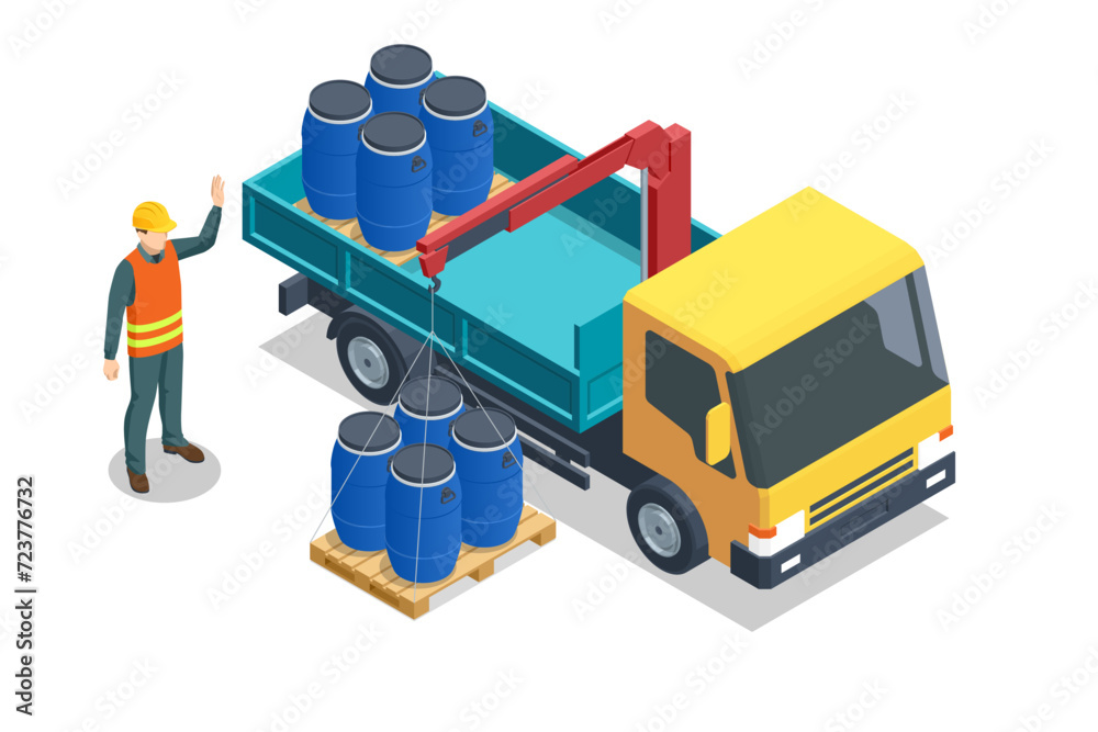 Isometric transportation and unloading of barrels concept. Loading and ...