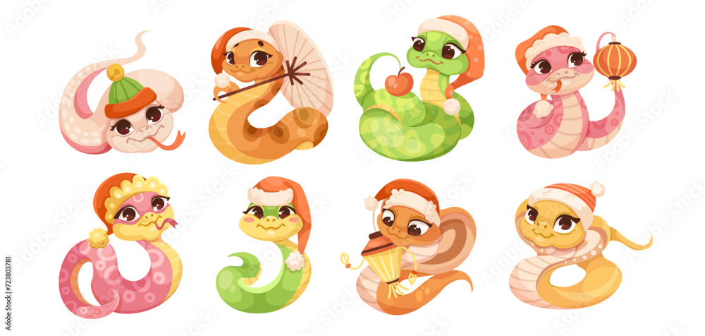 Set of cartoon cute snakes isolated on white background. Little child ...