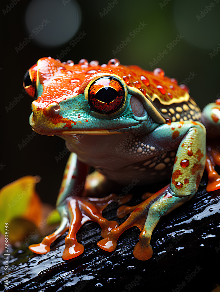 ฺBrightly colored frog with bright red eyes. Perched on a stationary ...