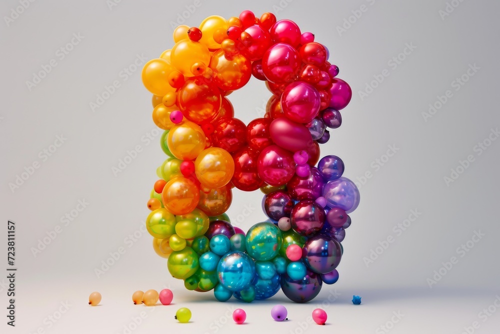 Number 8 made out of colorful balloons with a solid background. Age ...