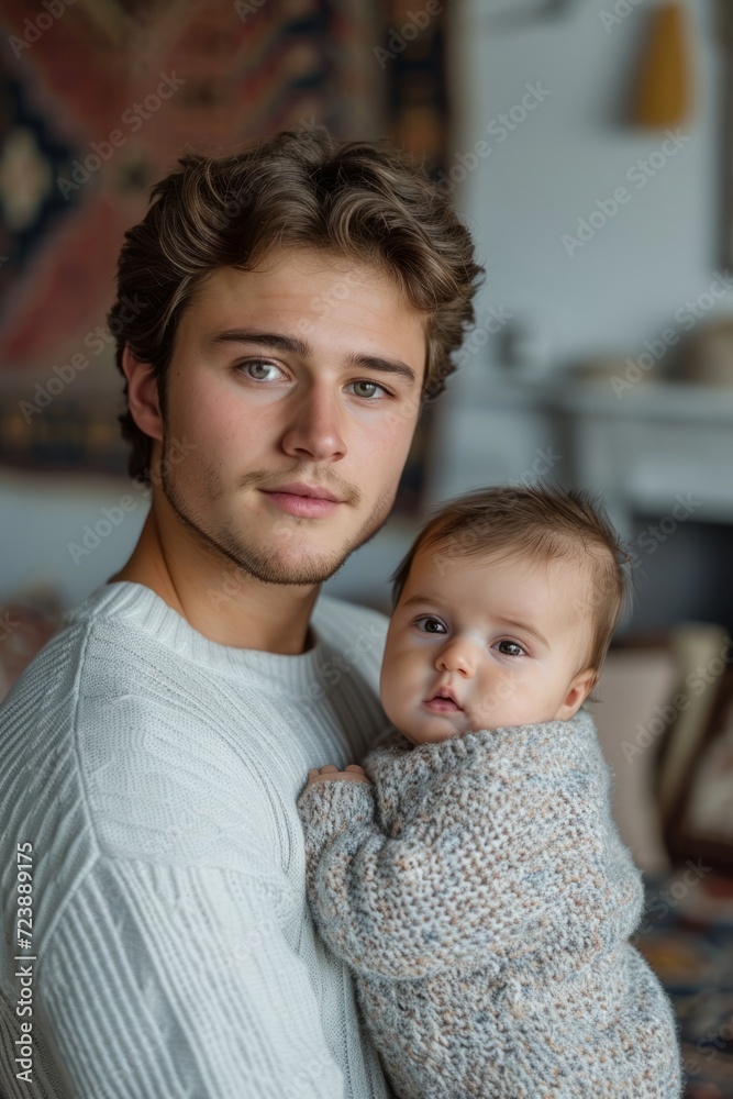 The image portrays a heartwarming bond as a young father affectionately ...