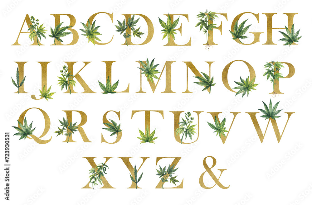 Alphabet with cannabis and marijuana leaves, gold in color. Letters on ...