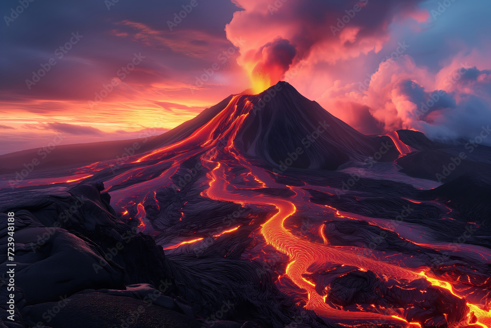 Lava flow emerging from a volcano and pouring into a black volcanic ...