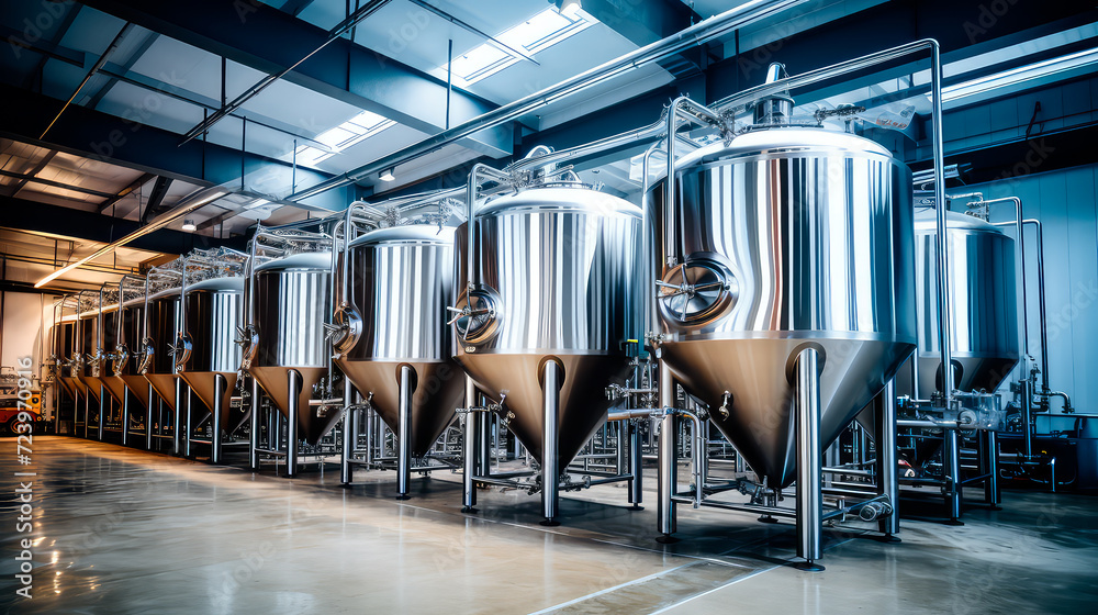 Shiny metal brewing tanks in a clean, modern brewery are lined up in an ...