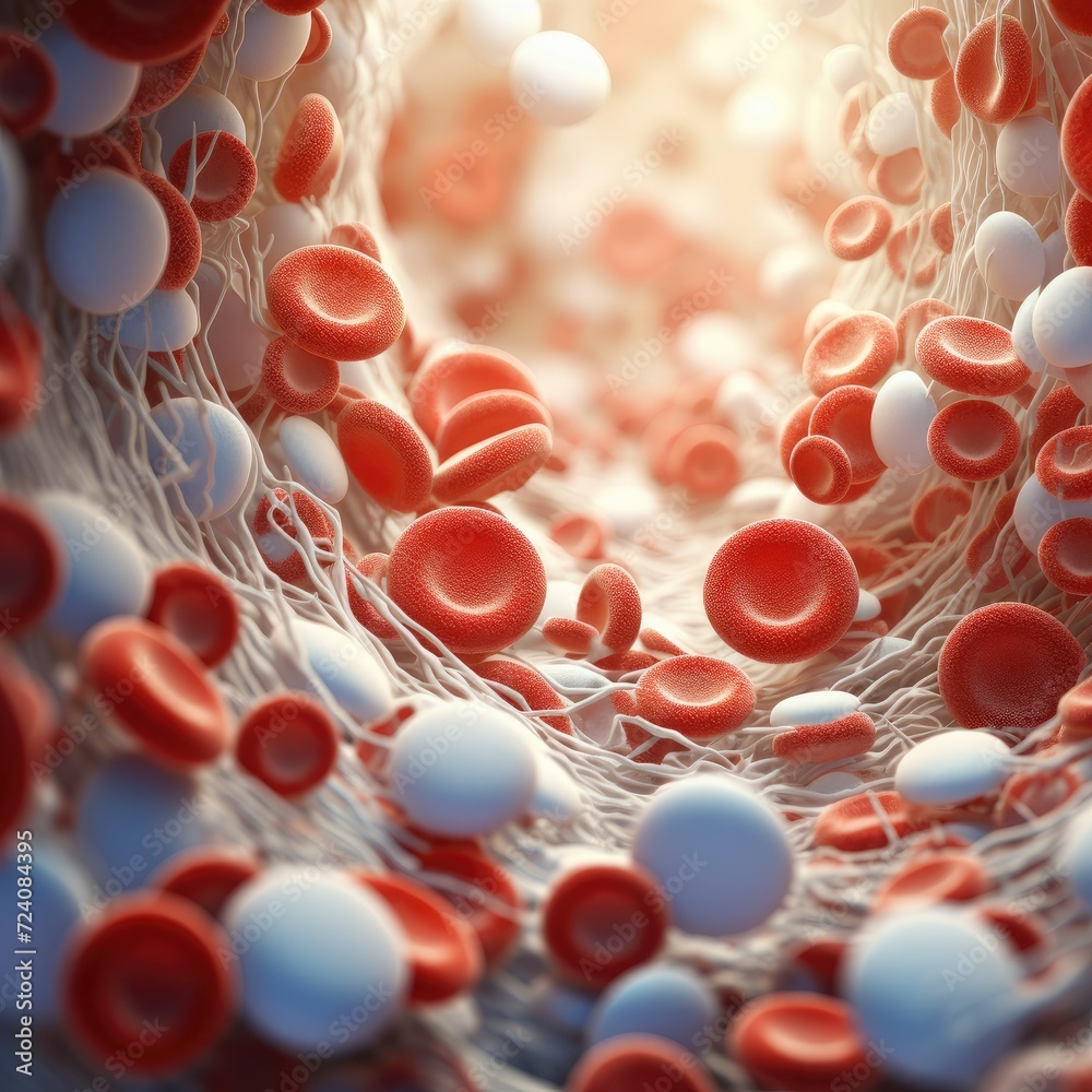 macro photo, capillary, red blood cells, white blood cells, 3D image ...
