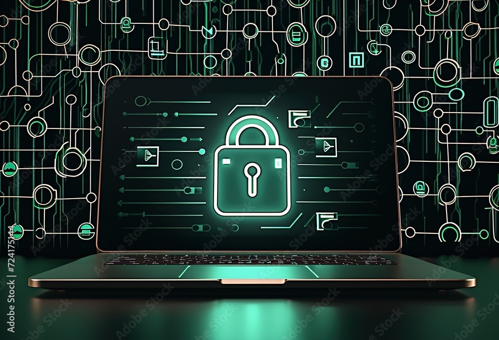 Futuristic cyber security concept: digital lock icon surrounded by ...