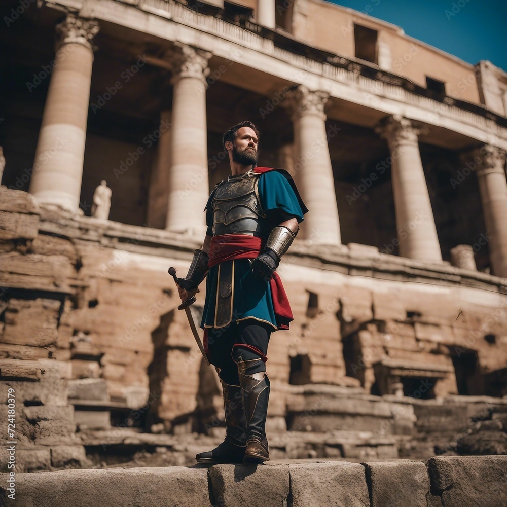 Ancient Roman Costume Man Stands Proudly on Stone Wall before Majestic ...