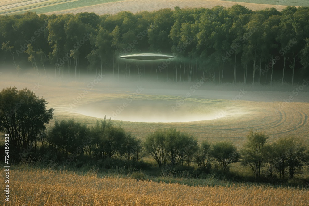 Mysterious UFO Casting Light over Misty Fields: A Surreal Moment for ...