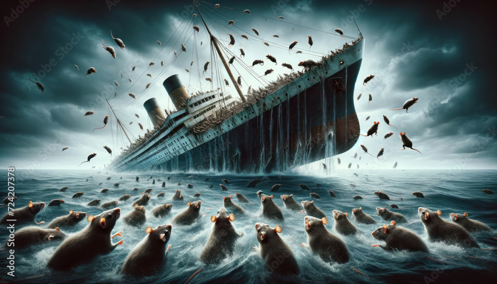 Rats fleeing a sinking ship. It features a dramatic scene with a large ...