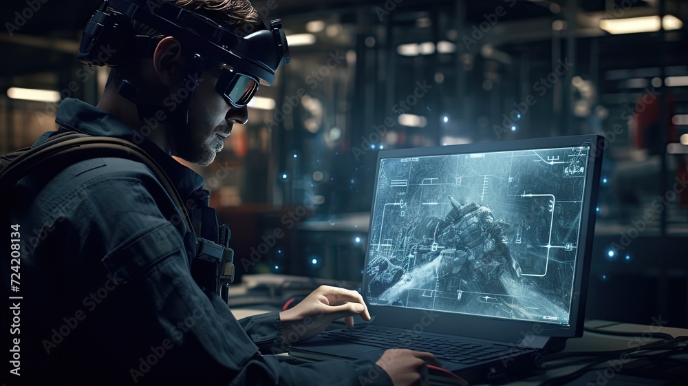 a tablet computer displaying AI control interfaces, augmented reality ...