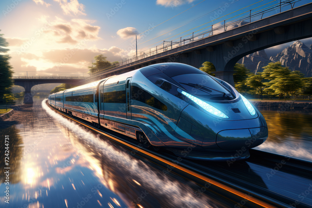 A high-speed train whizzes past, leaving a trail of motion and momentum ...