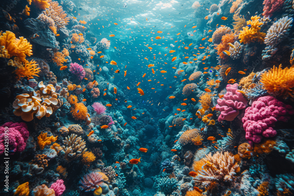 Aerial view of a coral reef, revealing the vibrant life and patterns ...