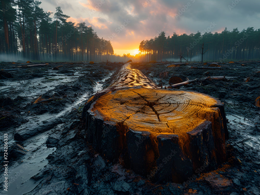 Tree stump in focus, dawn breaks over a devastated forest landscape. The global problem of ...