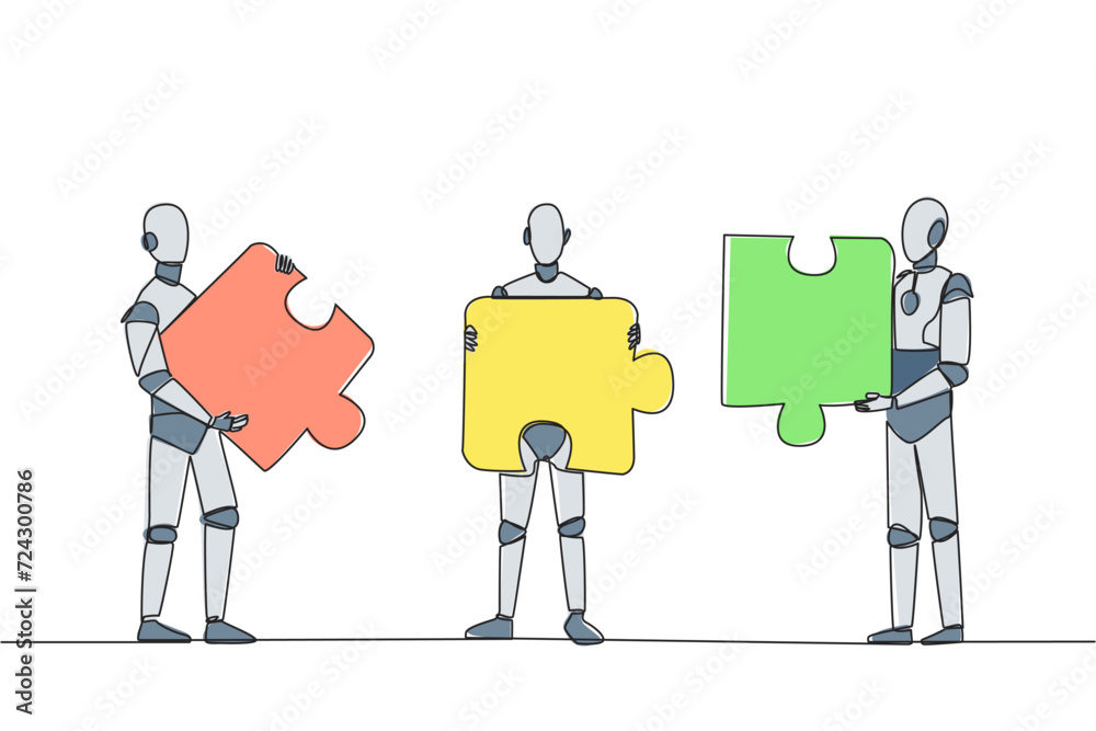 Single one line drawing three robots each carrying three puzzle pieces ...