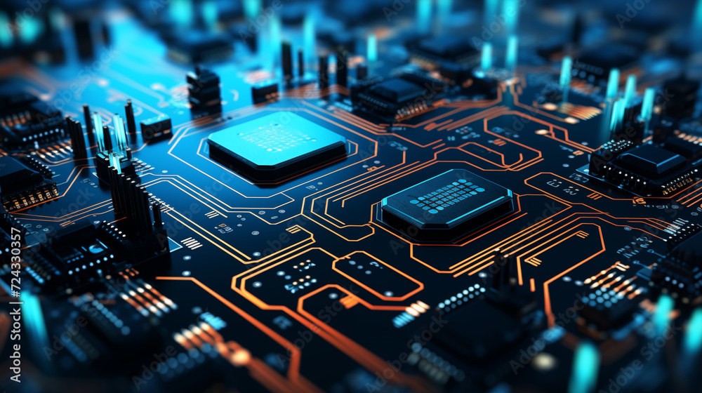 high density computer board with neon lights in electronic display ...