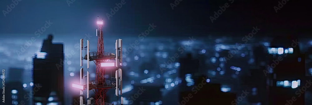 mobile phone signal repeater station tower with blur city at night ...