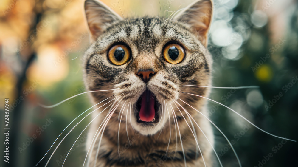 Close up short hair cat head with shocking face and wide open eyes ...