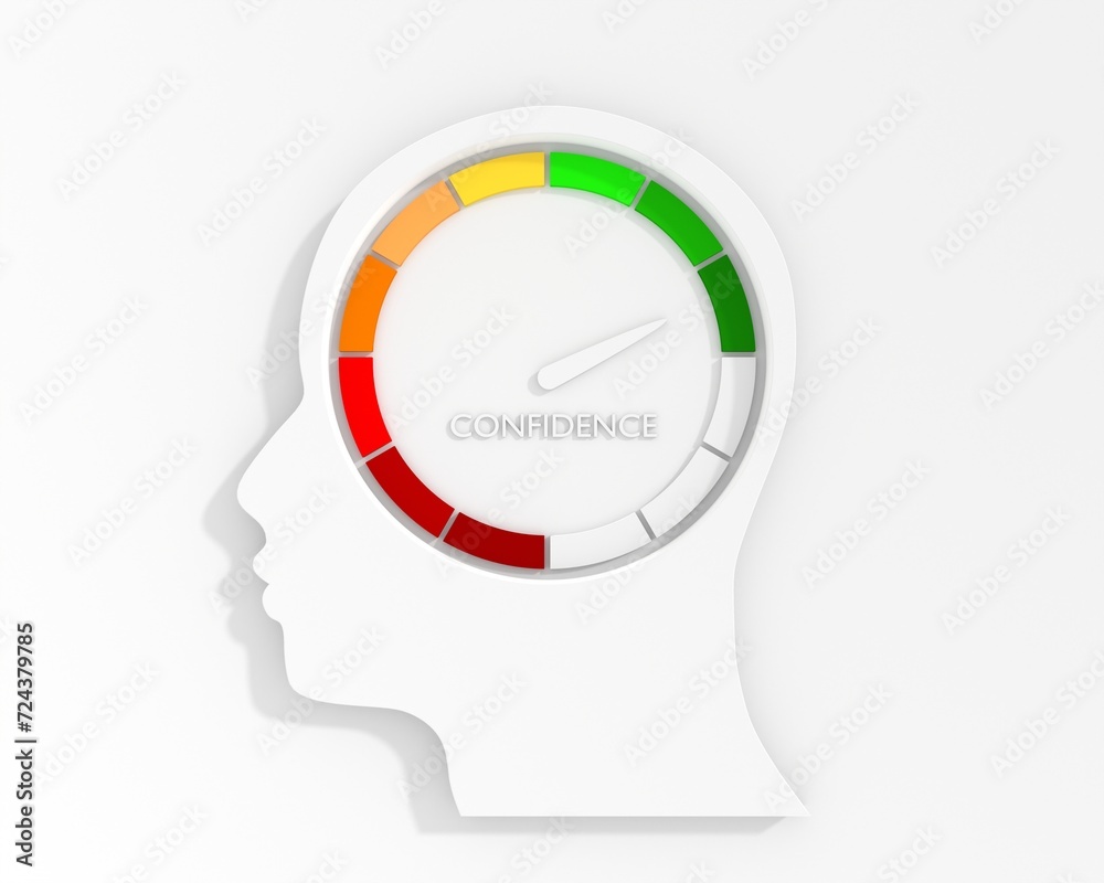 Confidence level scale with arrow inside human head. The measuring ...