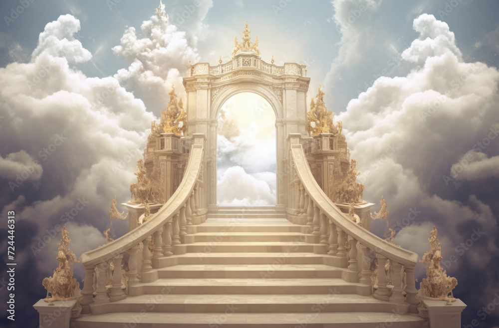 Stairway to Heaven. Stairs in sky. Concept with sun and white clouds ...