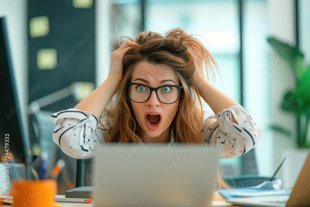 Young woman working at the office wearing glasses crazy and scared with ...