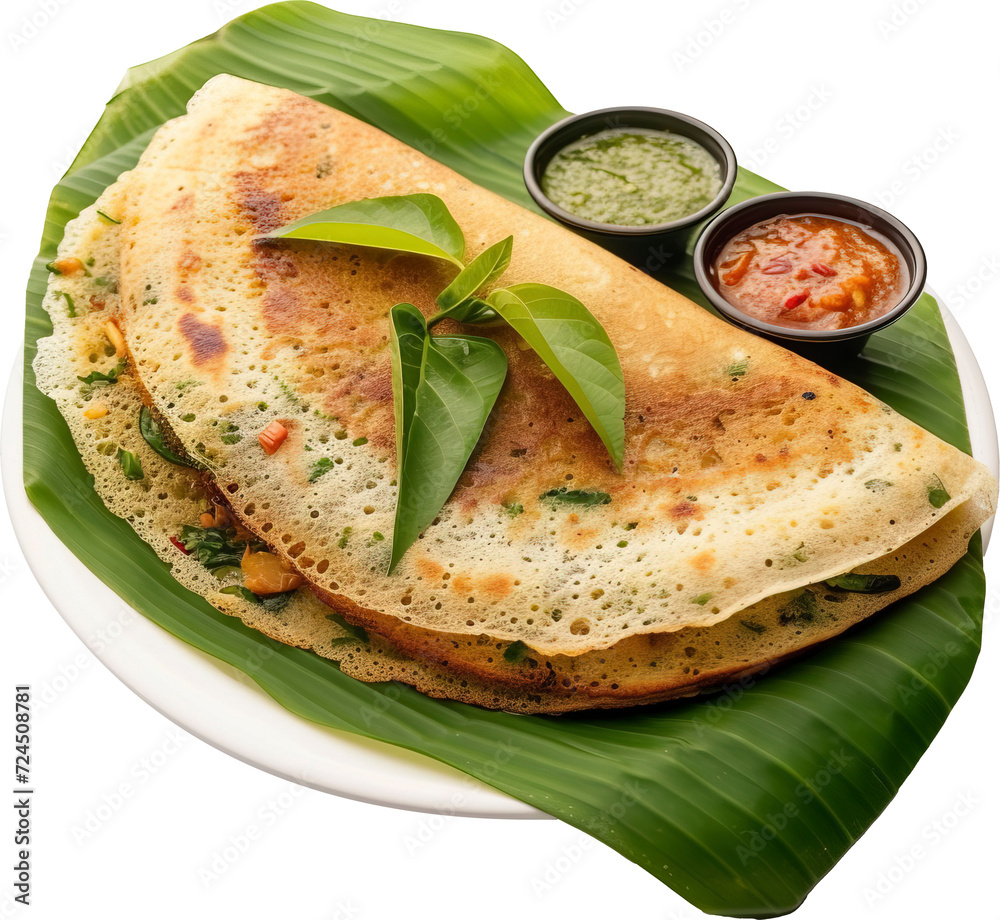 Rava Dosa with Coconut Chutney on a banana leaf, isolated on ...